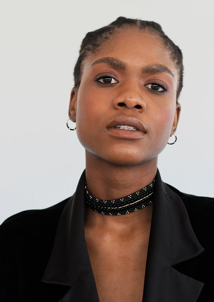 Narrow Decorative Leather Choker - BLACK/GOLD – Sidai Designs